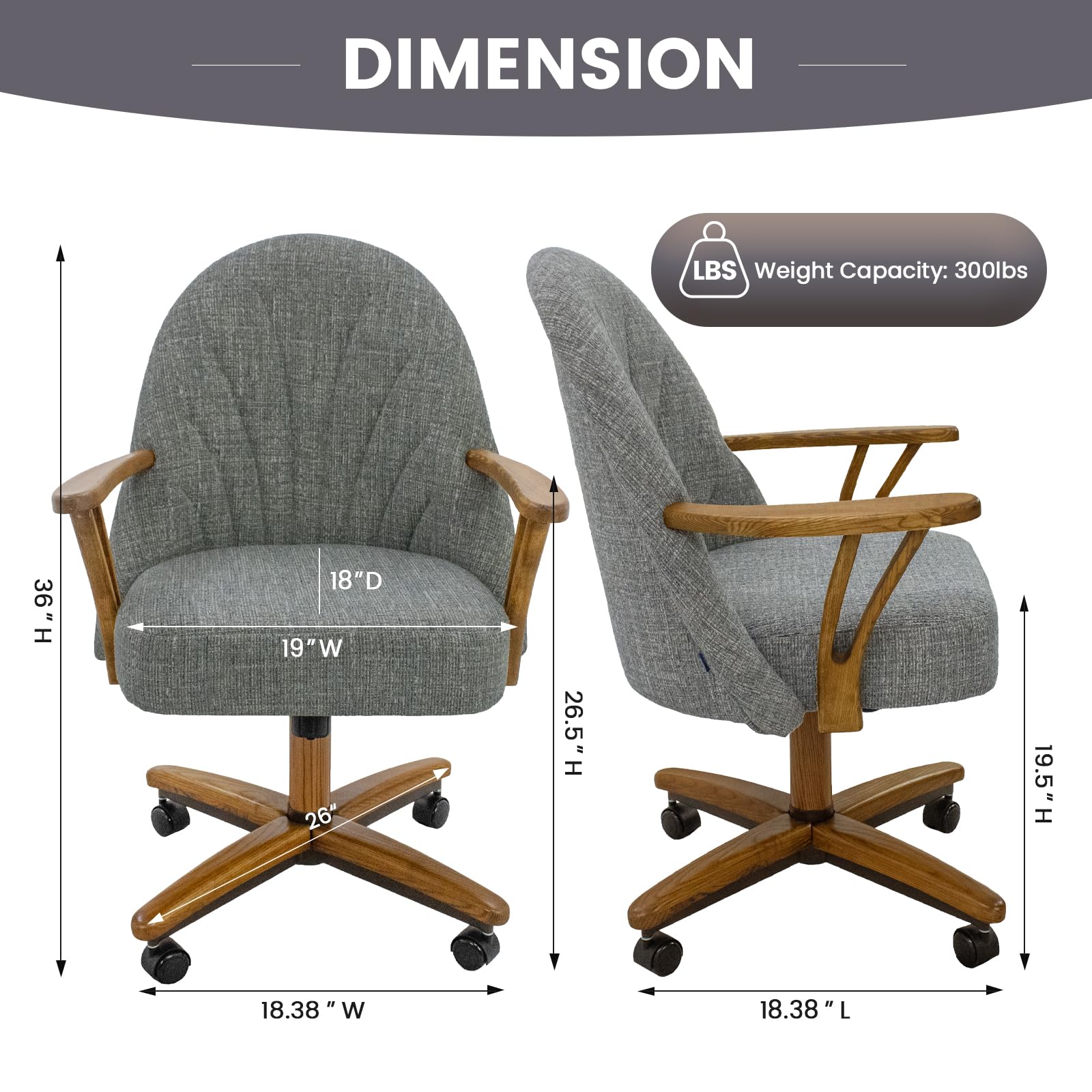 Chromcraft Set of 4 Caster Swivel Tilt Dining Chairs, Luxe Casual Wooden Arm All-Metal Pedestal Base Chairs with Rolling Wheels for Kitchen(Fonzo Marble-Chestnut Oak)