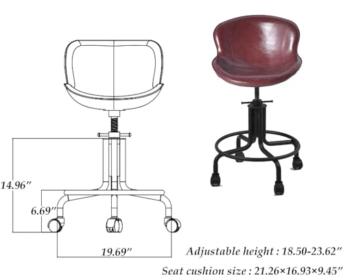 Topower Antique Industrial Design Metal Adjustable Height Kitchen Dining Breakfast Chair Industrial Style Bar Stool Fully Welded Maroon PU Leather Seat