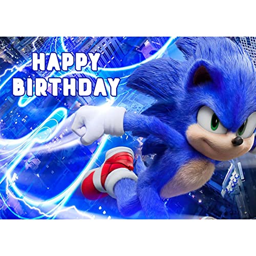 8x6FT Blue Sonic Hedgehog Happy Birthday Themed Photography Backdrop Sonic Boom Superhero Kids 1st Birthday Party Photo Background Studio Banner