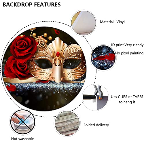 Masquerade Party Backdrops Golden Mask Red Rose Backdrop for Fiesta Mardi Gras Event Dance Photo Background Birthday Studio Photo Video Shoot Props (Vinyl-7x5ft)
