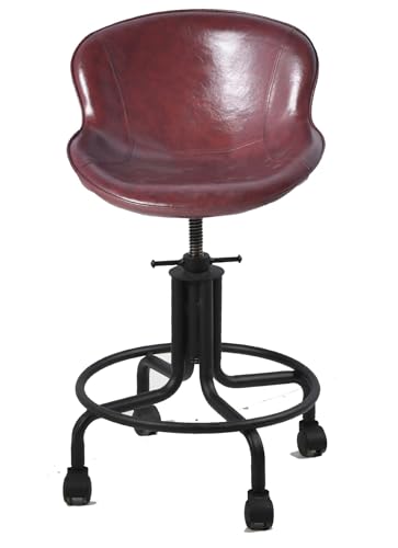 Topower Antique Industrial Design Metal Adjustable Height Kitchen Dining Breakfast Chair Industrial Style Bar Stool Fully Welded Maroon PU Leather Seat