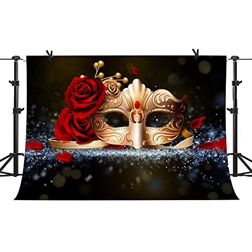 Masquerade Party Backdrops Golden Mask Red Rose Backdrop for Fiesta Mardi Gras Event Dance Photo Background Birthday Studio Photo Video Shoot Props (Vinyl-7x5ft)