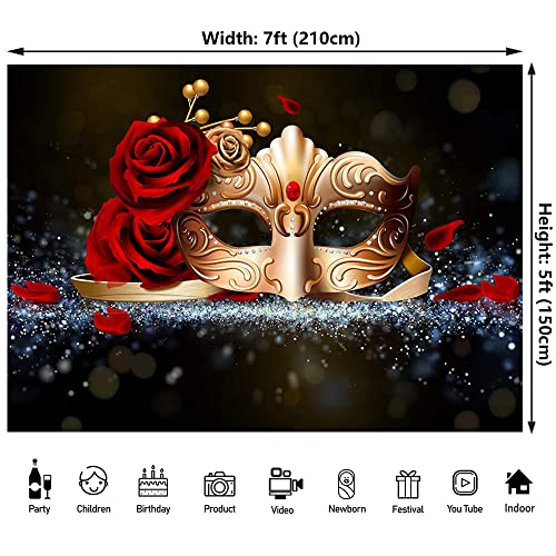 Masquerade Party Backdrops Golden Mask Red Rose Backdrop for Fiesta Mardi Gras Event Dance Photo Background Birthday Studio Photo Video Shoot Props (Vinyl-7x5ft)