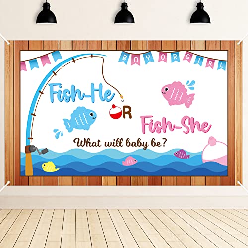 Gone Fishing Gender Reveal Poster Photo Backdrop,Fish She or Fish He Gender Reveal for Baby Boy or Girl Sign Baby Shower Decoration of GenderĀ RevealĀ Backdrop
