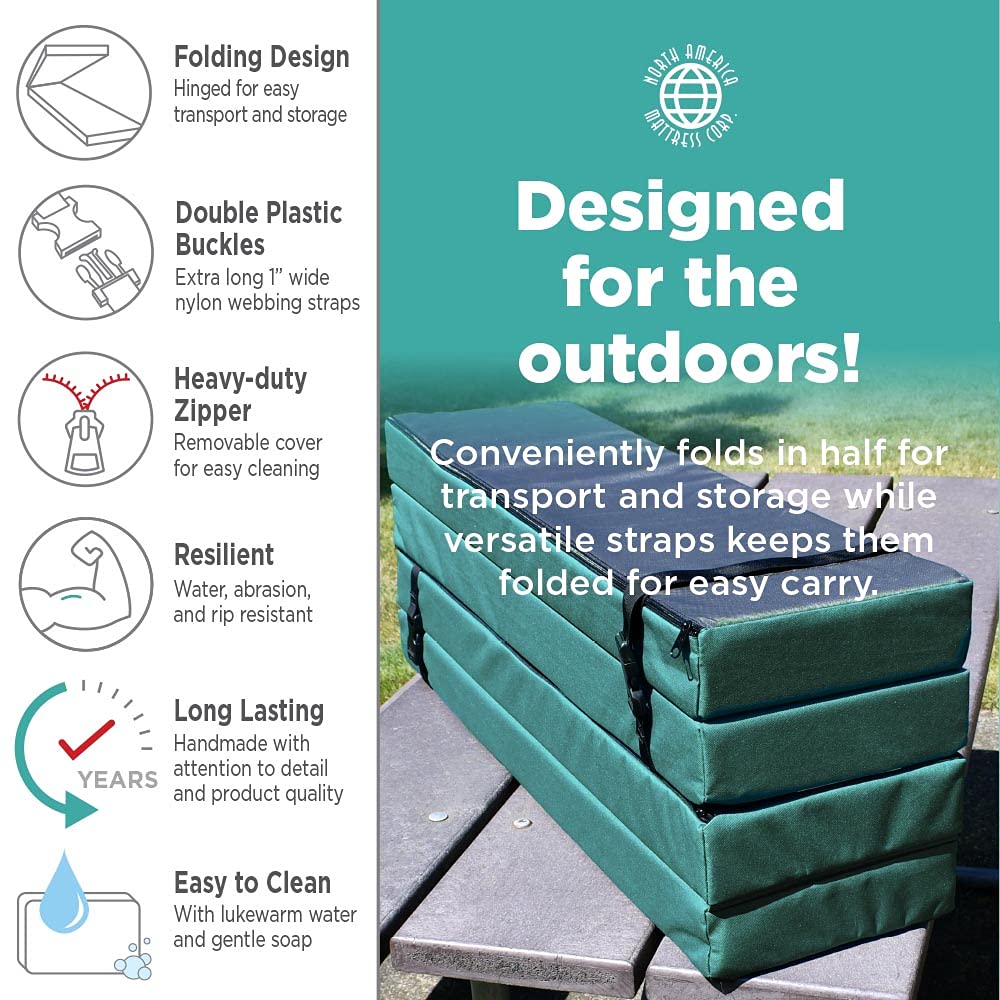North American Mattress 8' Outdoor Picnic Bench Seat Cushion - 2 Piece Set; 96" (8ft) x 10" x 3"; Gray - Folding & Easy to Carry