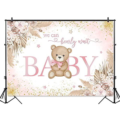 Mocsicka Girl Bear Baby Shower Backdrop Pink Boho Pampas Grass Baby Shower Background We Can Bearly Wait Baby Shower Party Cake Table Decoration Photo Booth Props (7x5ft)