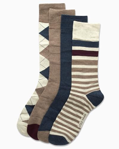 Cole Haan Men's Dress Socks - Patterned Crew Socks, Gift Box (4 Pack), Size 7-12, Brown Multi