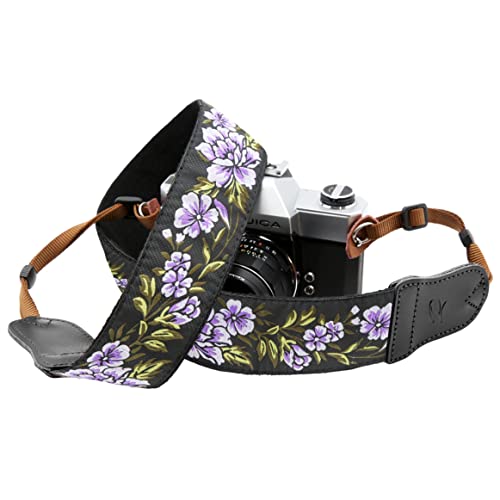 Purple Flower Camera Strap - 2"Wide with Double Layer Cowhide Head,Pure Cotton Embroidery Camera Shoulder Straps,Adjustable Camera Neck Strap for All DSLR / SLR Cameras, Best Gifts for Photographers
