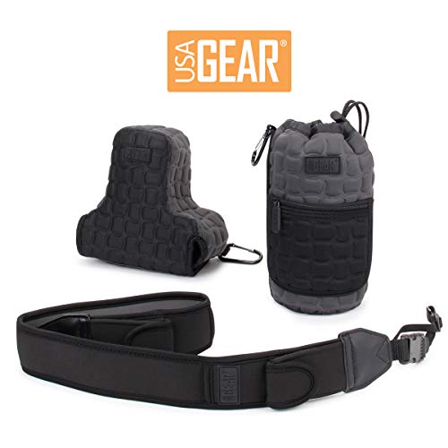 USA GEAR FlexARMOR-X Large Lens Case Pouch with Deluxe Padded Neoprene Protection - Holds Lens up to 70-300mm with Drawstring Opening, Built-in Carabiner Clip, Reinforced Belt Loop and Zippered Pocket