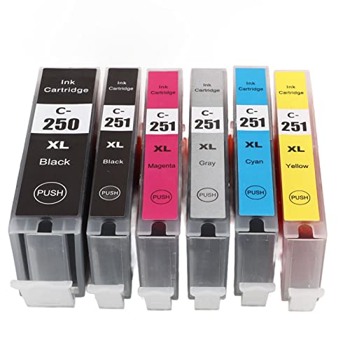 FTVOGUE 250‑251 Multi Colors Ink Cartridge Replacement Printer Inkjet Cartridges for PIXMA (BK BK C M Y GY 6 Colors)