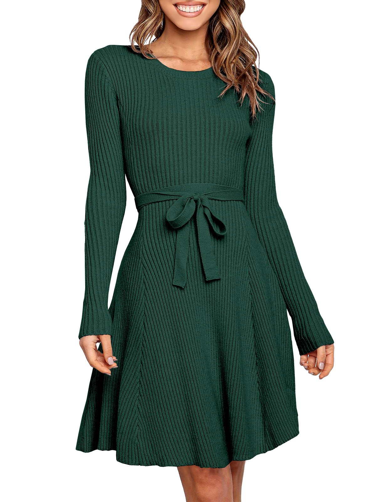 ANRABESS Women's Long Sleeve Midi Dress Crewneck Tie Waist A-Line Swing Casual Bodycon Ribbed Knit 2025 Fall Sweater Dress Green Medium