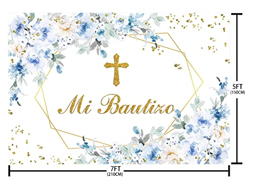 ABLIN 7x5ft Mi Bautizo Backdrop Mexican Baptism Party Decorations God Bless Boy First Holy Communion Banner Blue Flower Background Christening Newborn Baby Shower Decor Props, CQ304