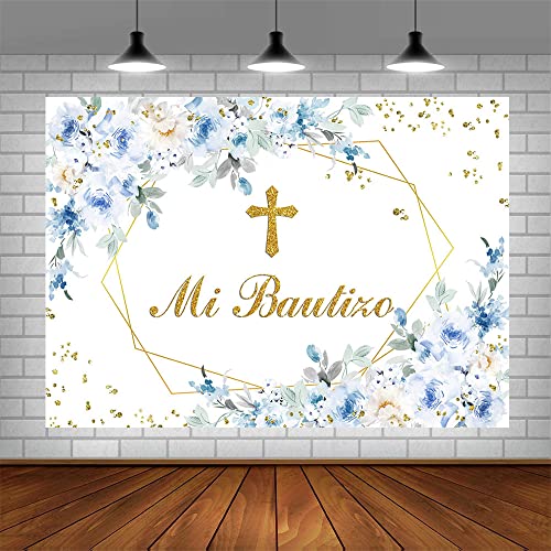 ABLIN 7x5ft Mi Bautizo Backdrop Mexican Baptism Party Decorations God Bless Boy First Holy Communion Banner Blue Flower Background Christening Newborn Baby Shower Decor Props, CQ304