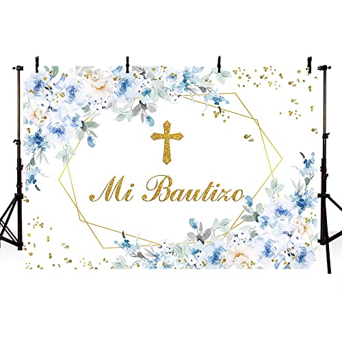 ABLIN 7x5ft Mi Bautizo Backdrop Mexican Baptism Party Decorations God Bless Boy First Holy Communion Banner Blue Flower Background Christening Newborn Baby Shower Decor Props, CQ304