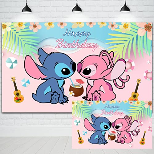 Stitch and Angel Happy Birthday Backdrop for Birthday Party Decorations Summer Tropical Hawaiian Beach Party Decorations Supplies Banner 5x3ft