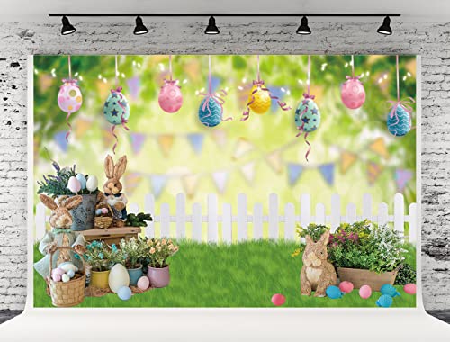 7X5ft Spring Garden Background Easter Photography Backdrop Easter Rabbit Colorful Egg Fence Flag Background Spring Easter Floral Bokeh Photo Studio Booth