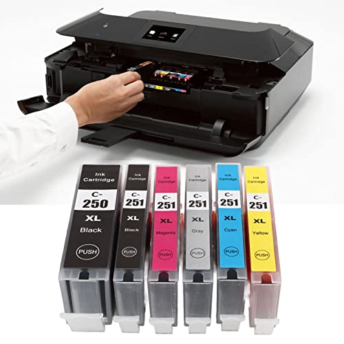 FTVOGUE 250‑251 Multi Colors Ink Cartridge Replacement Printer Inkjet Cartridges for PIXMA (BK BK C M Y GY 6 Colors)