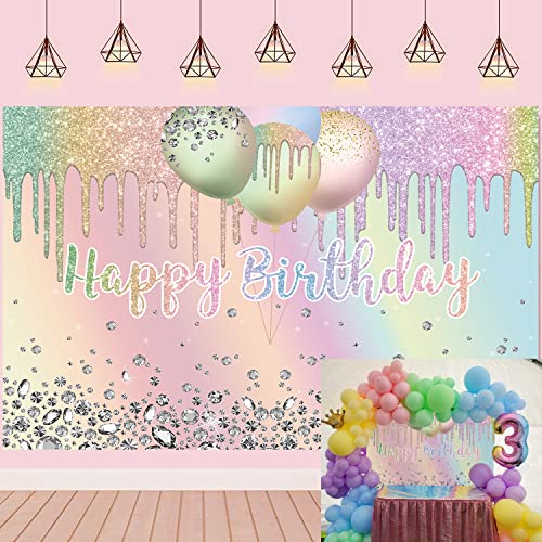 Rainbow Backdrop for Happy Birthday Glitter Diamond Colorful Balloons Sequins Birthday Photography Background Children Women Girl Sweet 16th Birthday Cake Table Decoration Props (7x5FT)