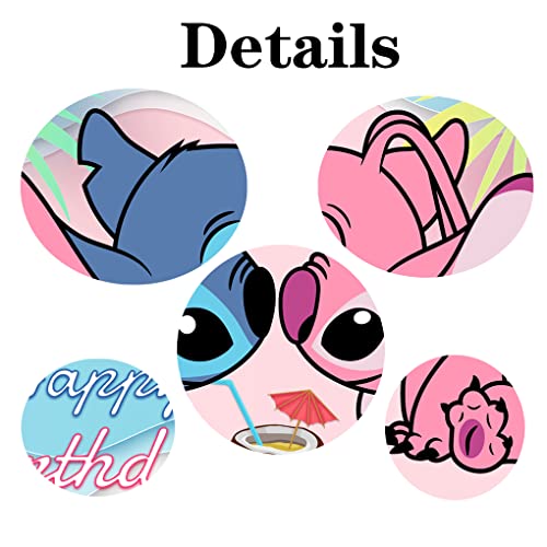 Stitch and Angel Happy Birthday Backdrop for Birthday Party Decorations Summer Tropical Hawaiian Beach Party Decorations Supplies Banner 5x3ft