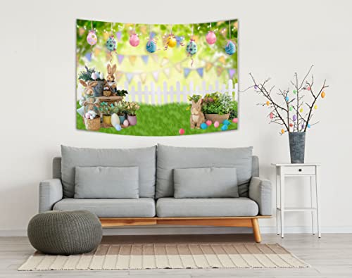 7X5ft Spring Garden Background Easter Photography Backdrop Easter Rabbit Colorful Egg Fence Flag Background Spring Easter Floral Bokeh Photo Studio Booth