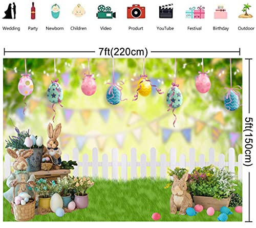 7X5ft Spring Garden Background Easter Photography Backdrop Easter Rabbit Colorful Egg Fence Flag Background Spring Easter Floral Bokeh Photo Studio Booth