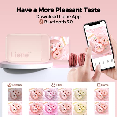 Liene Photo Printer, 2x3 Mini Instant Portable Instant Printer w/ 50 Zink Adhesive Paper, Bluetooth 5.0, Compatible w/iOS & Android, Small Photo Printer for iPhone, Smartphones, Pink