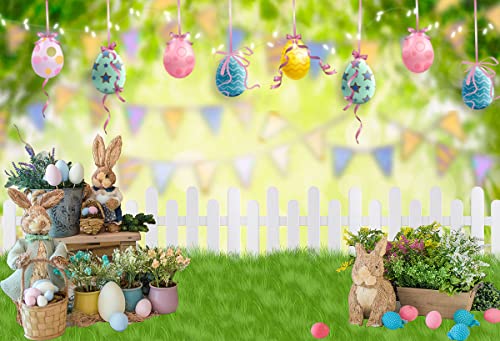 7X5ft Spring Garden Background Easter Photography Backdrop Easter Rabbit Colorful Egg Fence Flag Background Spring Easter Floral Bokeh Photo Studio Booth