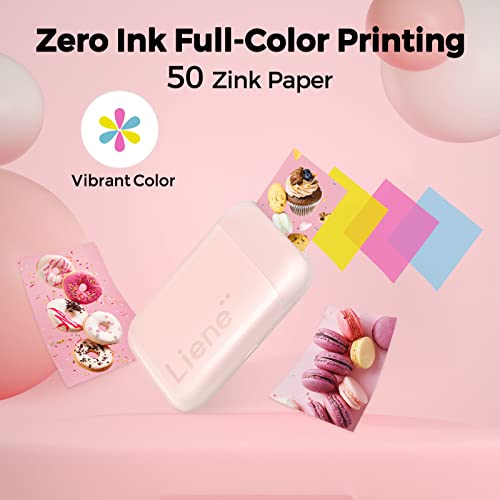 Liene Photo Printer, 2x3 Mini Instant Portable Instant Printer w/ 50 Zink Adhesive Paper, Bluetooth 5.0, Compatible w/iOS & Android, Small Photo Printer for iPhone, Smartphones, Pink