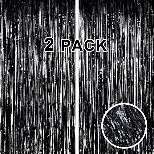 Black Backdrop Curtain for Party Supplies - 6.5x8.2ft, Pack of 2 | LILF Black Tinsel Foil Fringe Curtain Streamers for Birthday Party Halloween Graduation Decoration Black Photo Booth Backdrop Props