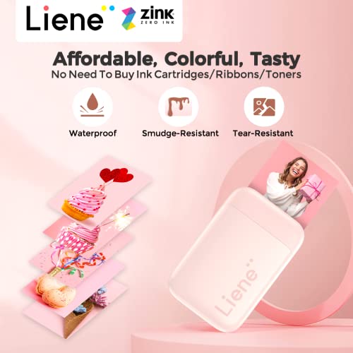 Liene Photo Printer, 2x3 Mini Instant Portable Instant Printer w/ 50 Zink Adhesive Paper, Bluetooth 5.0, Compatible w/iOS & Android, Small Photo Printer for iPhone, Smartphones, Pink