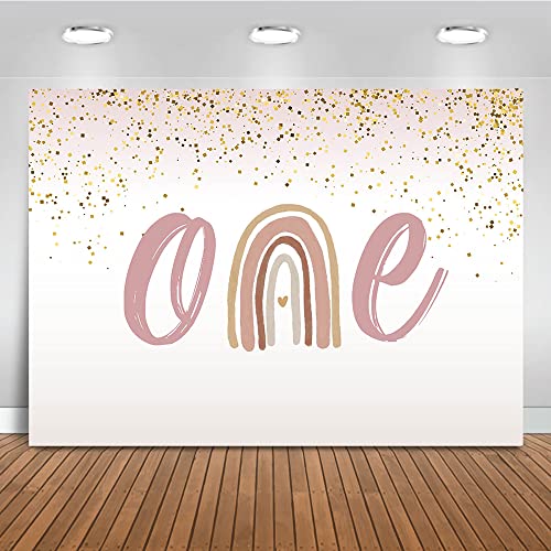 Mocsicka Boho Rainbow First Birthday Backdrop Modern Rainbow Birthday Background Rainbow Girls 1st Birthday Party Cake Table Decoration Photo Booth Props (7x5ft)