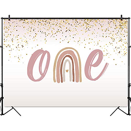 Mocsicka Boho Rainbow First Birthday Backdrop Modern Rainbow Birthday Background Rainbow Girls 1st Birthday Party Cake Table Decoration Photo Booth Props (7x5ft)