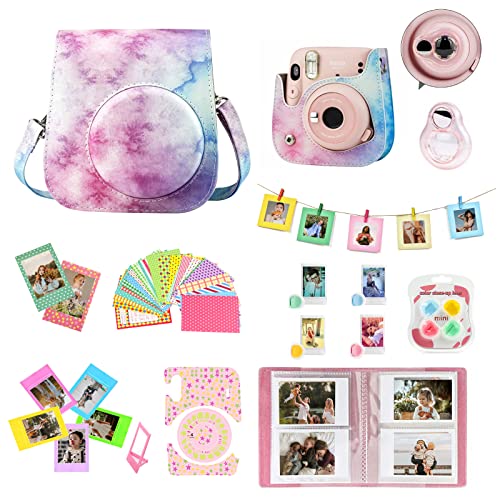 WOGOZAN for Fujifilm Instax Mini 11 Instant Film Camera Case + Album for Mini 3 Inch Film + Accessories Kit, Color Filters, Photo Album, Selfie Lens + More (Blue-Pink Watercolor)
