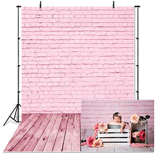 Mocsicka Pink Brick Wall with Wood Floor Photography Backdrop 5x7ft Vinyl Newborn Baby Photoshoot Children Kids Potrait Background Photo Booth Studio Props