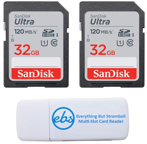 SanDisk 32GB SDHC SD Ultra Memory Card (Two Pack) Works with Canon EOS Rebel T7, Rebel T6, 77D Digital Camera Class 10 (SDSDUN4-032G-GN6IN) Bundle with (1) Everything But Stromboli Combo Card Reader