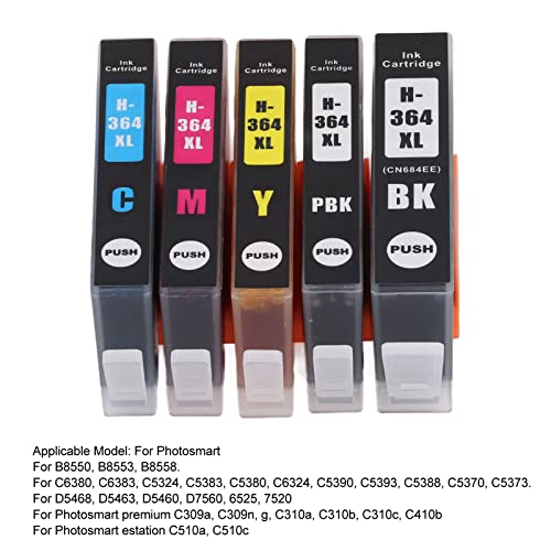 Ink Cartridge, High Page Capacity Fadeless Clear Print Printer Cartridge, for Photosmart B8550 B8553 B8558 C6380 C6383 (BK PBK C M Y 5 Colors)