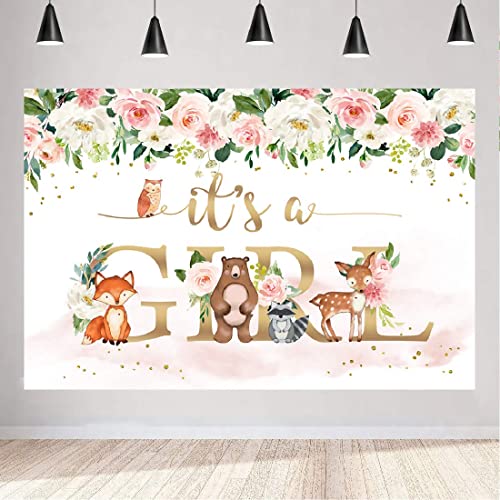 Aperturee It's a Girl Woodland Animals Baby Shower Backdrop 5x3ft Jungle Animals Watercolor Pink Floral Flower Photography Background Newborn Party Decorations Photo Booth Studio Props Banner Supplies