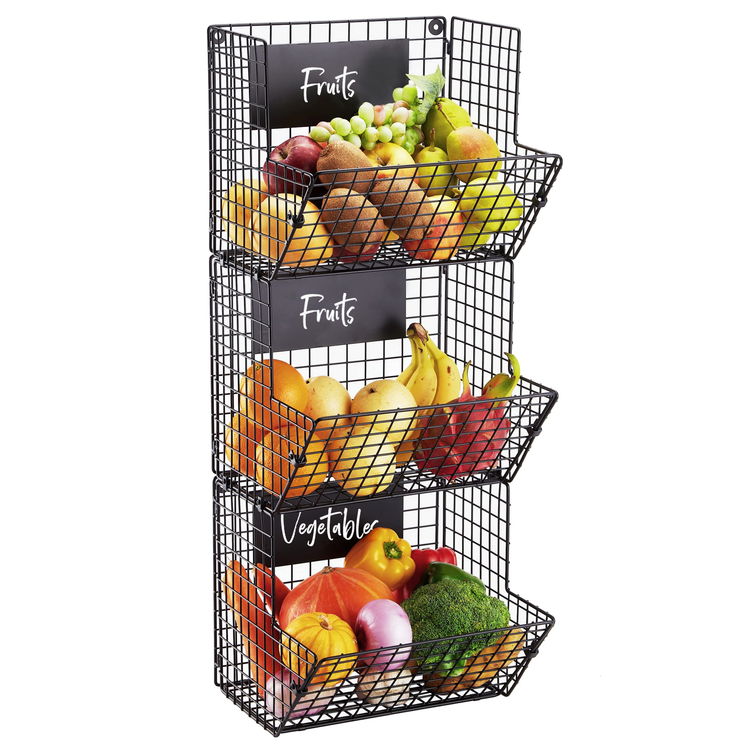 Wall Mounted Wire Basket Hanging Fruit Basket, 3 Tier Kitchen Storage Bins Fruit Vegetable and Pantry Organizier Stand, Produce Rack, Black,