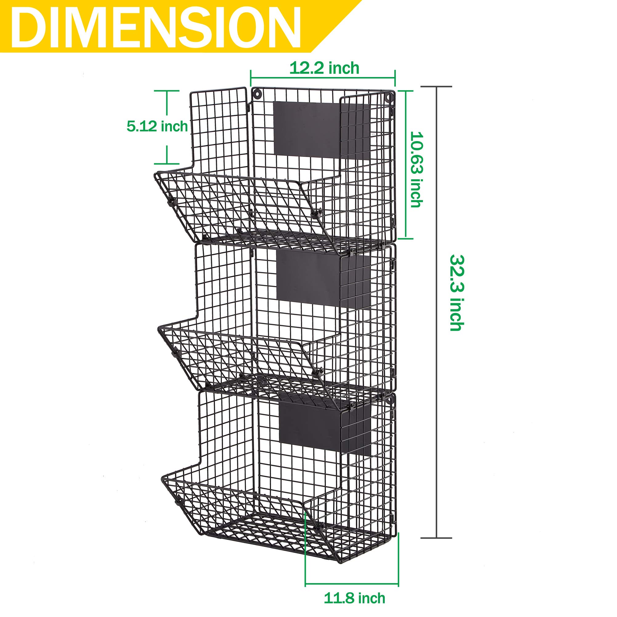 Wall Mounted Wire Basket Hanging Fruit Basket, 3 Tier Kitchen Storage Bins Fruit Vegetable and Pantry Organizier Stand, Produce Rack, Black,