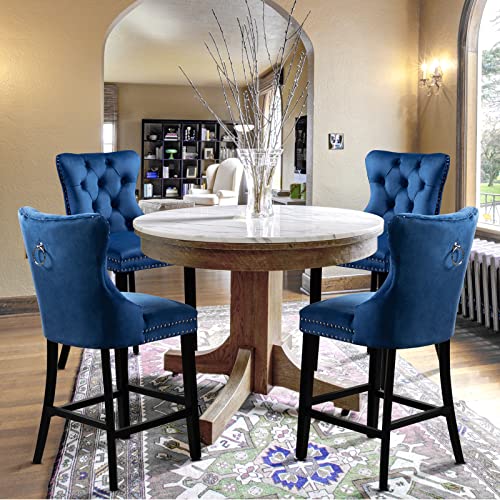 SICOTAS Bar Stools Set of 6 Stool Chair - Tufted Back Counter Stools for Kitchen Counter with Upholstered Velvet Cushion Barstools Nailhead Trim Wood Bar Height Chairs Stool for Pub Bistro 27.2'' Blue