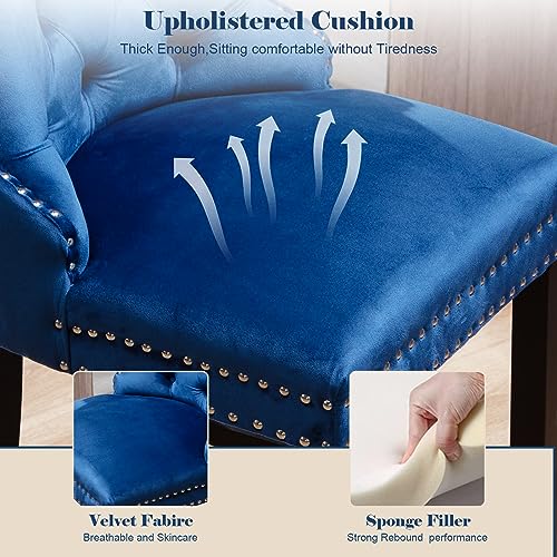 SICOTAS Bar Stools Set of 6 Stool Chair - Tufted Back Counter Stools for Kitchen Counter with Upholstered Velvet Cushion Barstools Nailhead Trim Wood Bar Height Chairs Stool for Pub Bistro 27.2'' Blue