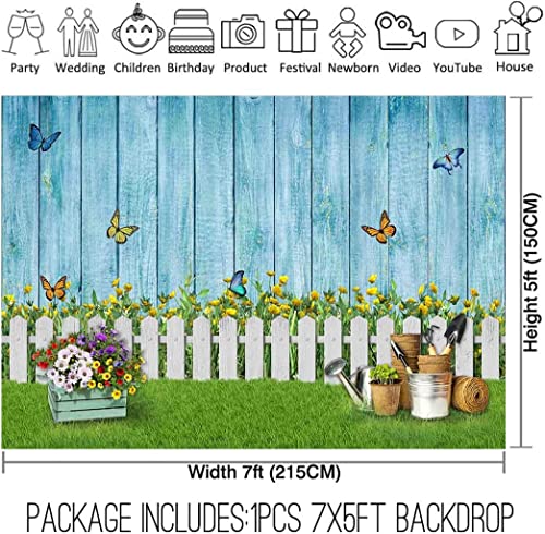 ZTHMOE 7x5ft Fabric Spring Photography Backdrop Easter Garden Floral Background Butterfly Grass Blue Wooden Wall Banner Photo Booth Studio Props