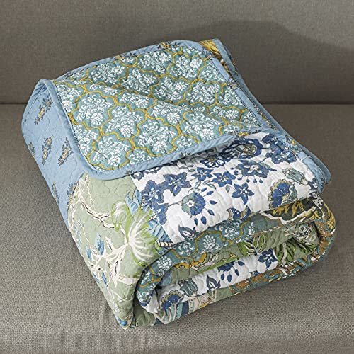 NEWLAKE Cotton Quilted Throw Blanket for Bed Couch Sofa, Reversible Matelasse Blanket with Real Stitched Embroidery,Green Farmhouse Garden,60X78 Inch