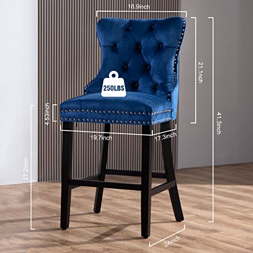 SICOTAS Bar Stools Set of 6 Stool Chair - Tufted Back Counter Stools for Kitchen Counter with Upholstered Velvet Cushion Barstools Nailhead Trim Wood Bar Height Chairs Stool for Pub Bistro 27.2'' Blue