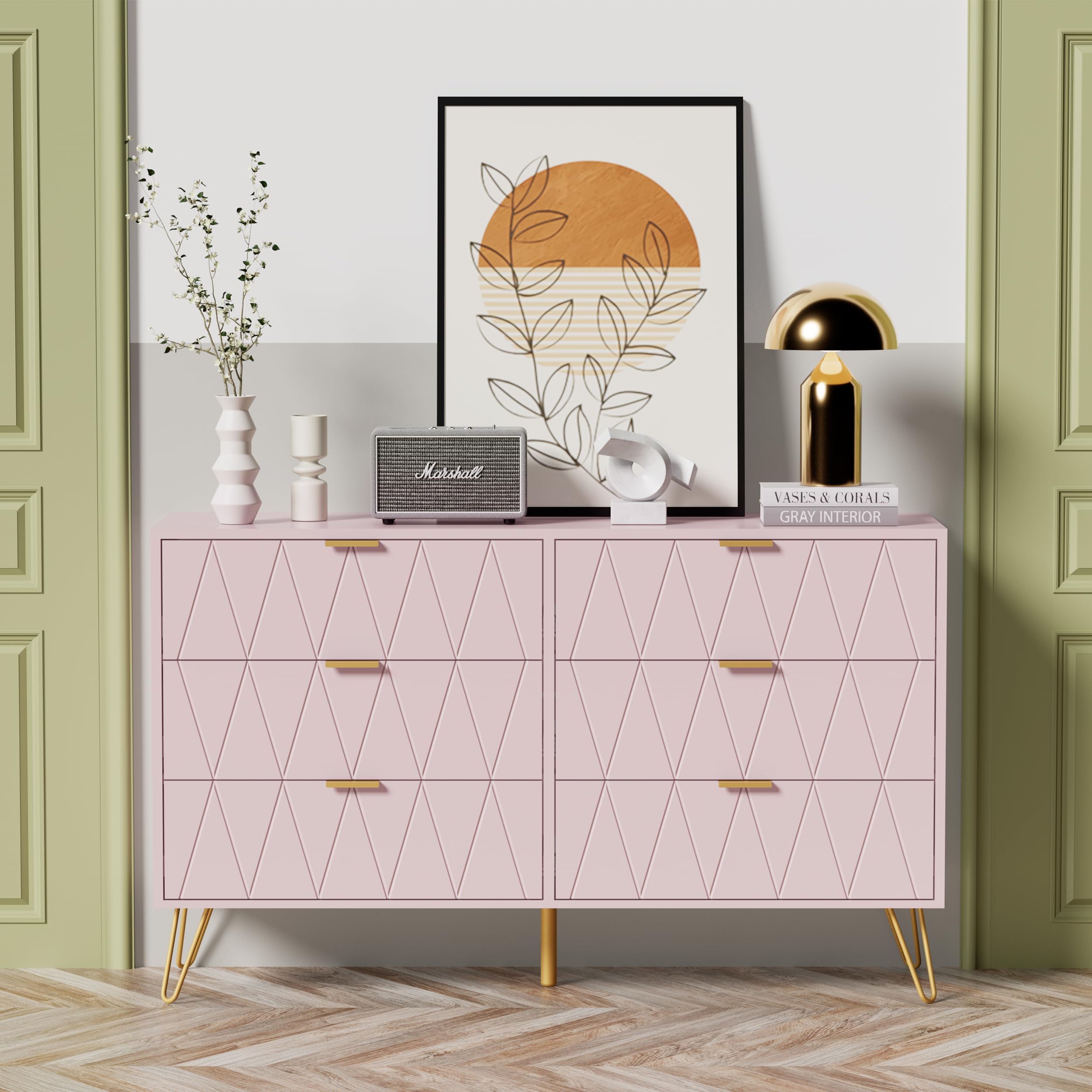 UEV 6 Drawer Dresser for Bedroom,Pink Dresser with Wide Drawers and Metal Handles,Modern Dresser Chest for Bedroom,Living Room,Entryway(Large Pink)