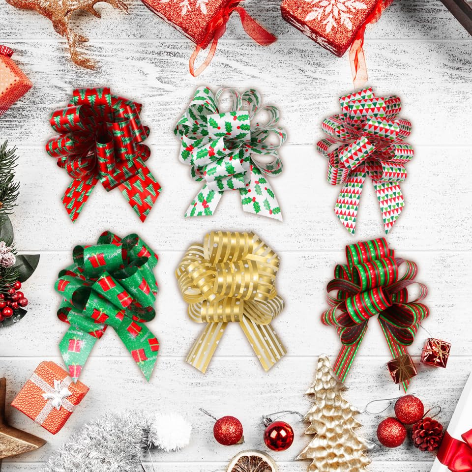 UNOMOR Christmas Pull Bows, 24PCS Different Patterns Present Wrapping Bows for Christmas Holiday Decoration