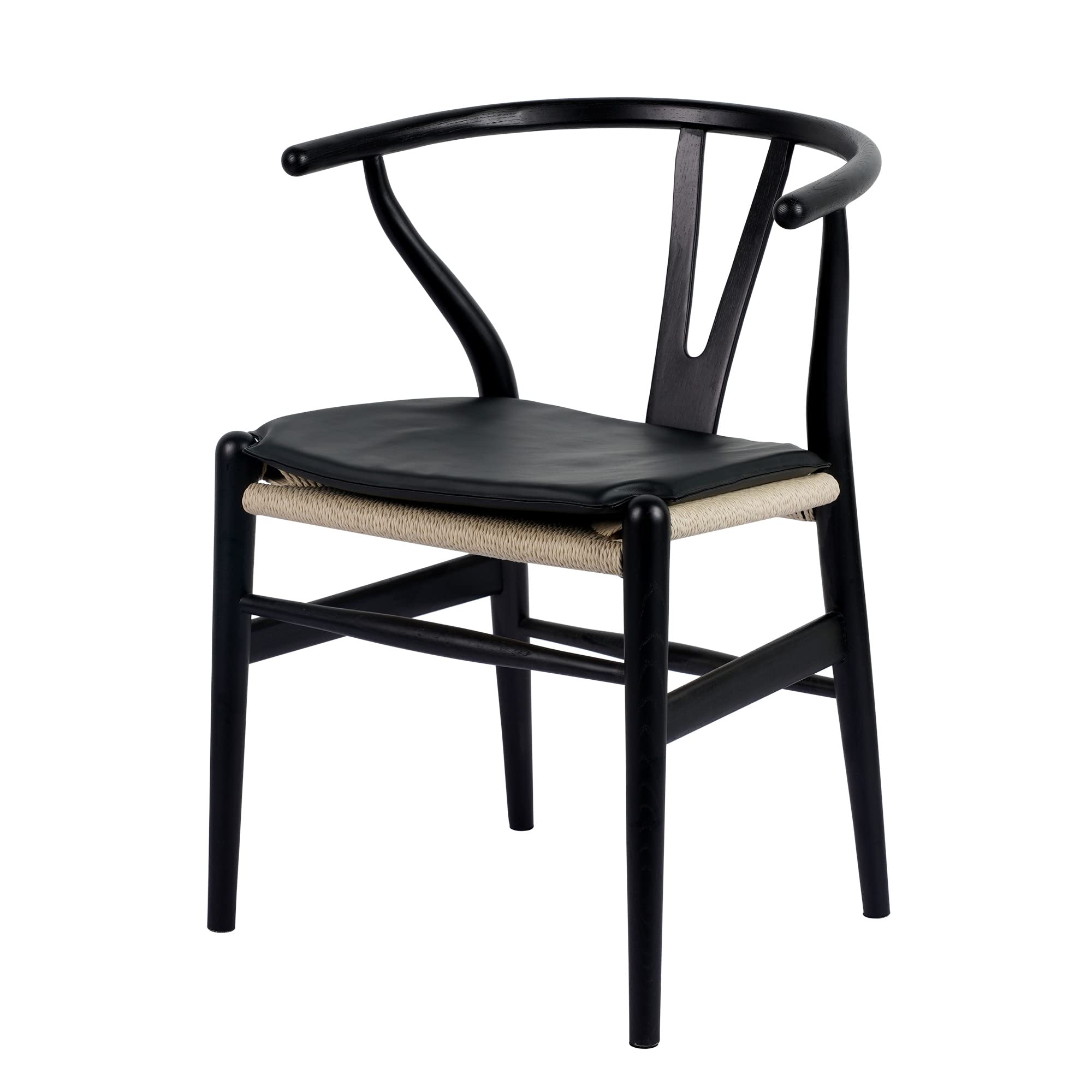 Forsho Set of 2 Solid Wood Wishbone Dining Chair with PU Soft Seat Cushion,Mid-Century Y Back Weave Dining Chair(Ash Wood - Black + Natural Cord + Cushion)