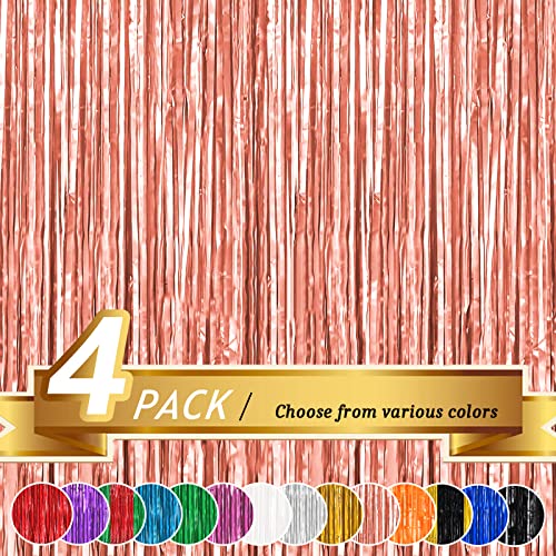 BTSD-home Rose Gold Foil Fringe Curtain, Metallic Photo Booth Backdrop Tinsel Door Curtains for Wedding Birthday Bridal Shower Baby Shower Bachelorette Christmas Party Decorations(4 Pack, 8ft x 3ft)