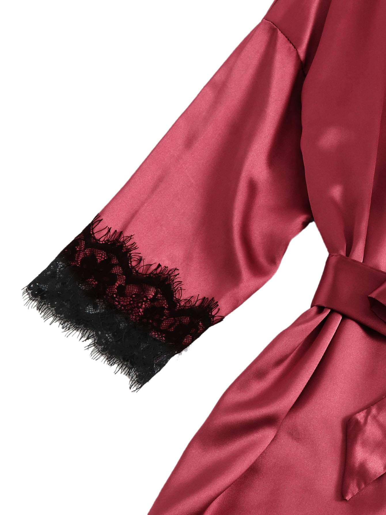 SOLY HUX Women's Satin Pajama Set 4pcs Floral Lace Trim Cami Lingerie Sleepwear with Robe Burgundy X-Large