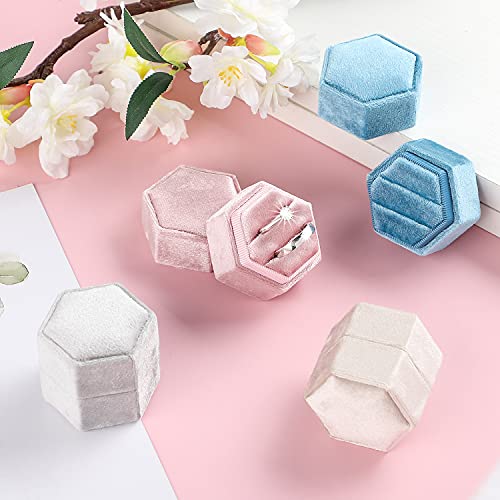 Etercycle Velvet Jewelry Ring Box, Hexagon Premium Gorgeous Vintage Double Ring Gift Box with Detachable Lid for Proposal Engagement Wedding Ceremony(Beige)